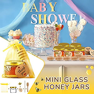 50 Pcs 1oz Small Glass Jars with Lids Mini Honey Jars with Wood Dipper, Bee Charms, Golden Gift Bags, Jutes, and Tags, Jars with Golden Lids for Baby Shower, Wedding, and Party Favors