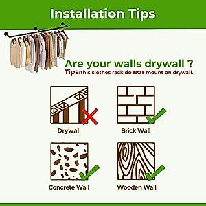 GREENSTELL Clothes Rack, 69.5 Inches Industrial Pipe Wall Mounted Closet Rod, Space-Saving Heavy Duty Hanging Clothing Rack, Detachable hanger Bar, Multi-Purpose Hanging Rod for Closet Storage 3 Base