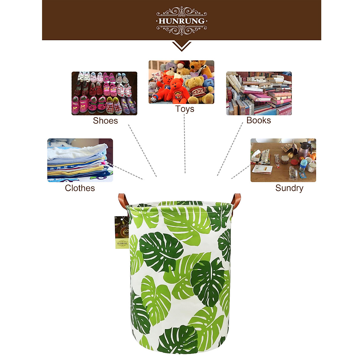 HUNRUNG Laundry Hamper,Large Canvas Fabric Lightweight Storage Basket Toy Organizer Dirty Clothes Collapsible Waterproof for College Dorms, Children Bedroom,Bathroom (Round Leaf)