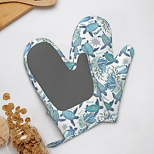 Custom Silicone Oven Mitts with Name Sea Turtle Coral Heat Resistant Non-Slip Cotton Lining Oven Gloves Set of 2 Comfort Safety Durable Kitchen Pot Holder for Barbecue Cooking Baking Grilling