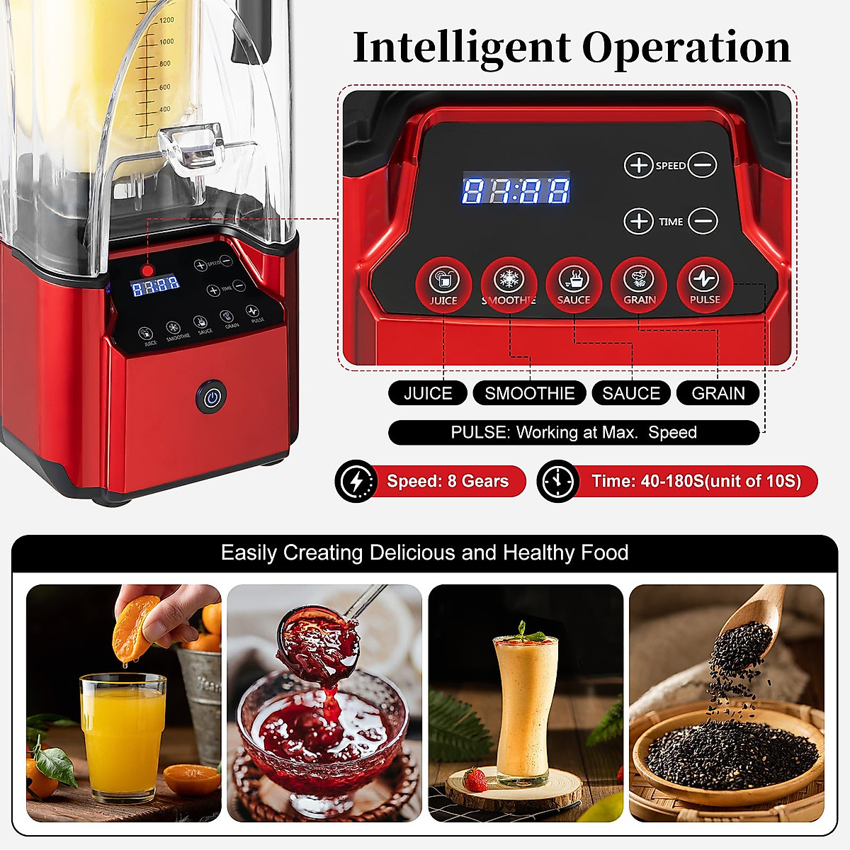 YUNLAIGOTOP Quiet Commercial Blender, 2200W Soundproof Cover Blender, Fruit Juice Smoothie Maker with Smart Touch Screen, High-Speed Blenders for Restaurants, Hotels, Homes, Parties (2.2L, Red)