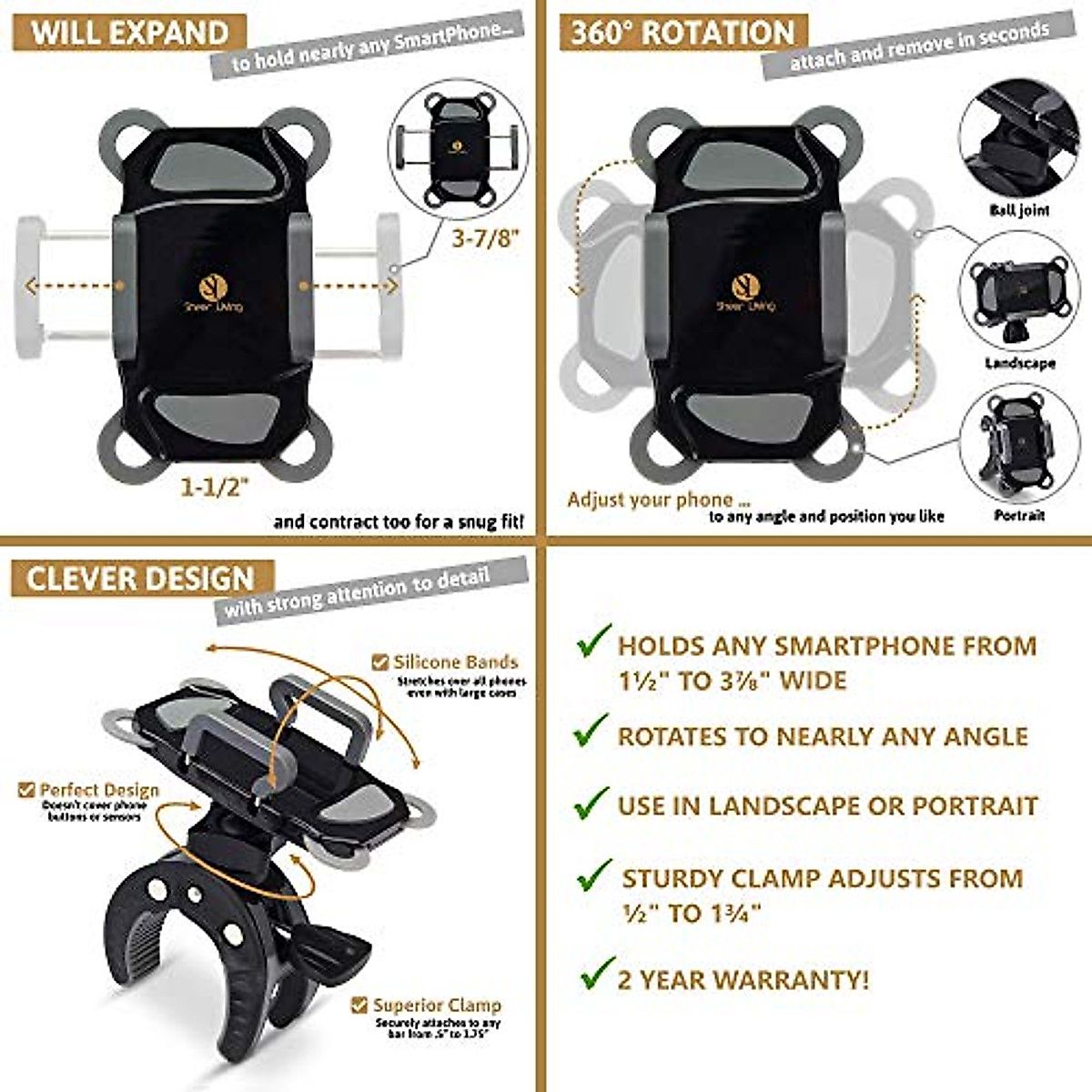 Stroller Phone Holder, Shopping Cart Phone Holder, Golf Cart Phone Holder, Bike Phone Mount, for Motorcycle, Scooter, ATV, Boat, Spin Bike, Bicycle Handlebar- Universal- iPhone, Cell Phone Clamp