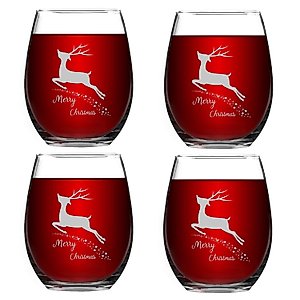 Waipfaru Set of 4 Merry Christmas Wine Glasses with White Christmas Deer Stemless Glasses Xmas Festival Decoration Christmas Holiday Festival Gifts for Family Friends(White Deer, 15 Oz)