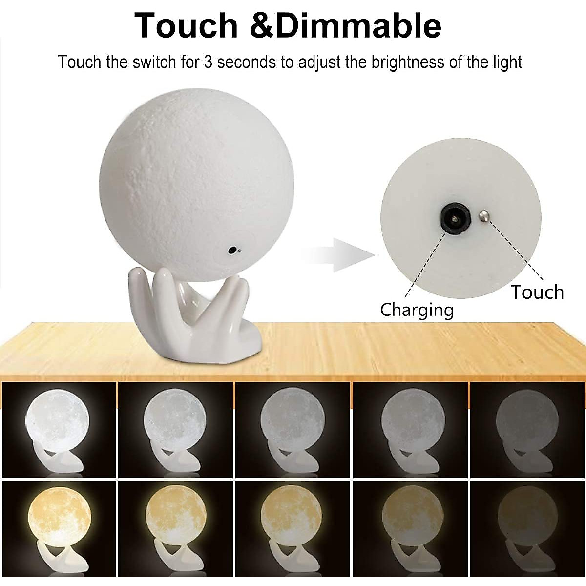 Mydethun 3D Moon Lamp with Ceramic Base, Mothers Day Gift, LED Night Light, Mood Lighting with Touch Control Brightness for Women,Home Décor, Bedroom, Kids Birthday, 3.5 Inch - White & Yellow