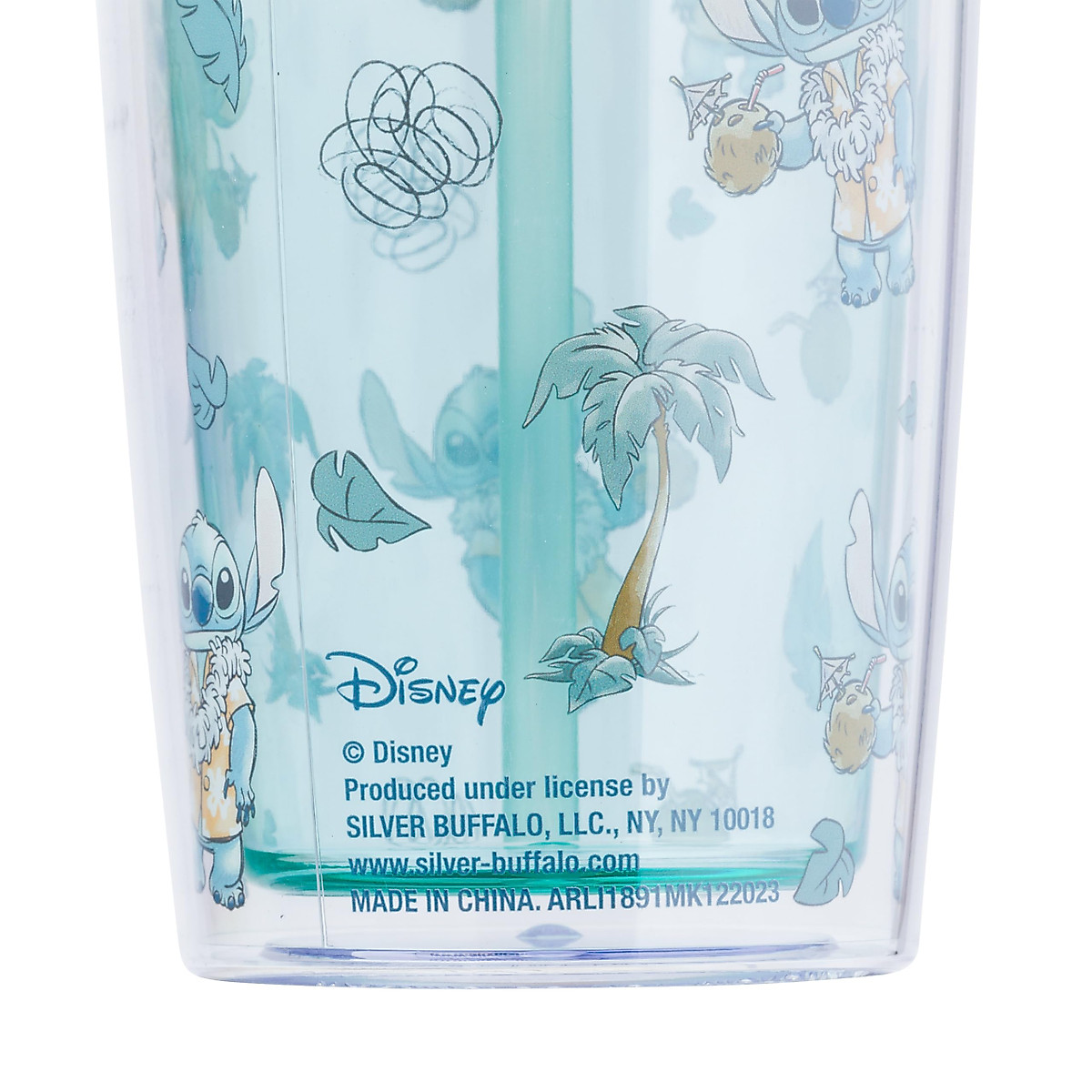Silver Buffalo Disney Lilo and Stitch Featuring Stitch in Hawaiian Shirt, Lei, and Coconut Drink and Tropical Vibes Pattern Spill Resistant Plastic Tumbler and Straw, 20 Ounces