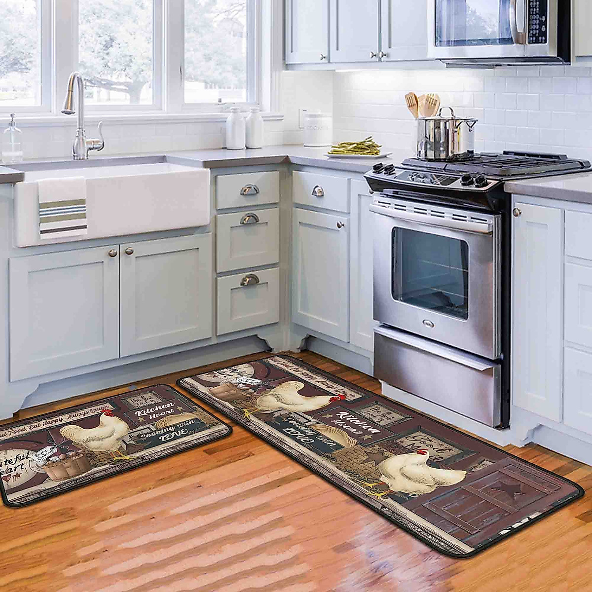 flippana Kitchen Rugs Farmhouse Style for Floor, Rooster Kitchen Rug, Non-Slip Backing Kitchen Mat Set of 2 Washable Kitchen Rug Sets with Runner for Home Kitchen 17"x47.2"+17"x30"