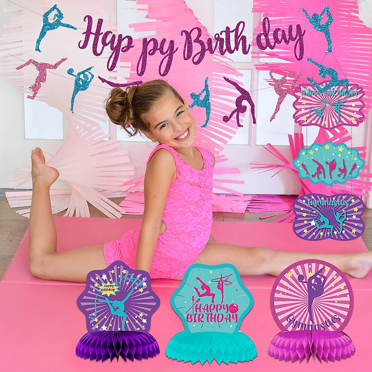 Gymnastics Party Decorations, Gymnastic Birthday Party Supplies with Birthday Banner, Honeycomb Centerpieces, Gymnastics Party Latex Balloons for Girls Gymnastics Theme Dance Party (A)