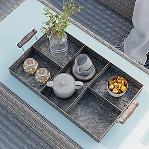 HOMPUS Galvanized Metal Storage Tray with Dividers Rustal Farmhouse Desk Organizer with Handle, Decorative Silverware Drawer Caddy with 5 Compartments for Home, Kitchen, Living Room or Office