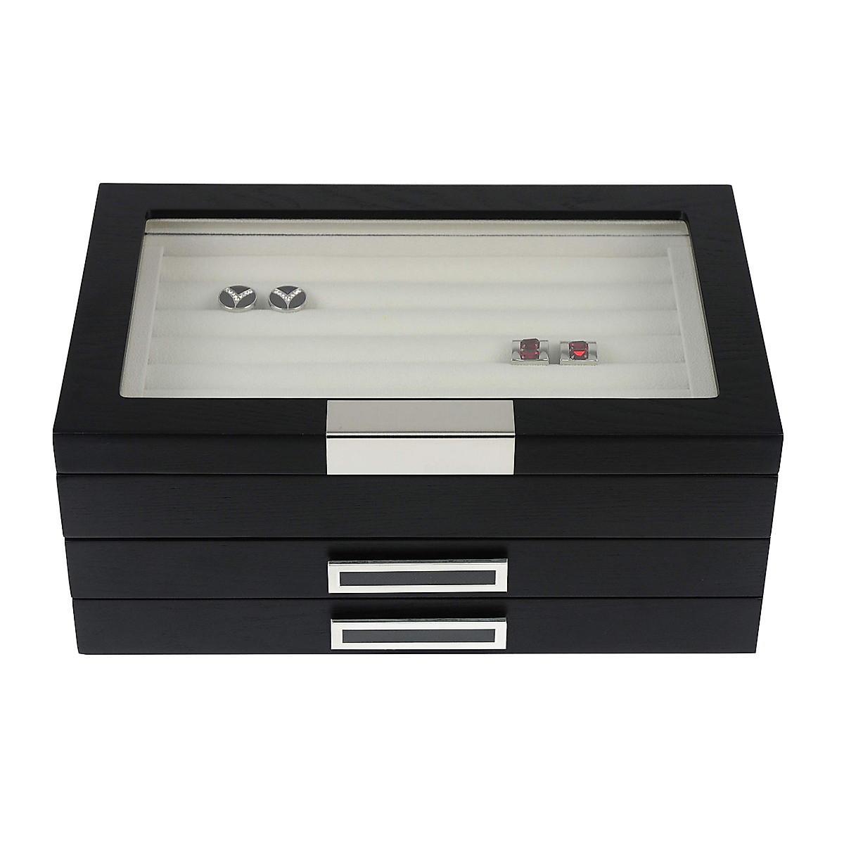 TIMELYBUYS Black Ebony Wood Cufflink Case & Ring Storage Organizer with Stainless Steel Engravable Design Accent Men's Jewelry Box for 108 Cufflinks