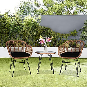 TRRAPLE 3 Pieces Patio Furniture Set, Outdoor Wicker Patio Furniture Sets Modern Bistro Set Rattan Chair Conversation Sets with Glass Top Side Table for Yard and Garden