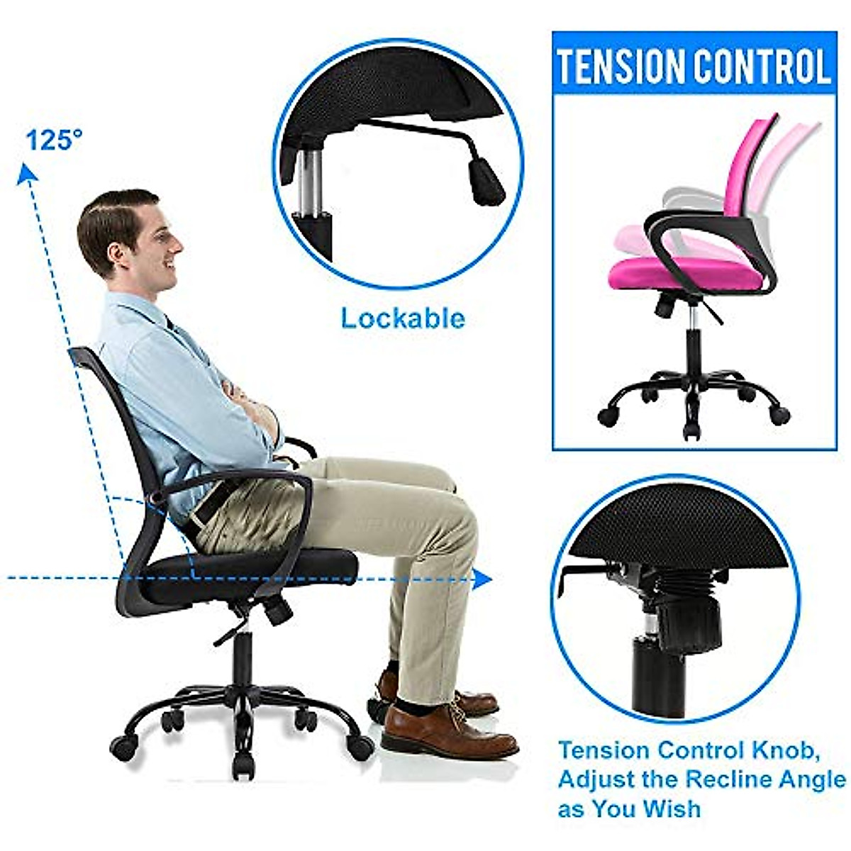 Meet Perfect Mid-Back Desk Office Chair, Ergonomic Modern Computer Chair with Lumbar Support and Armrest, Adjustable Executive Task Chair for Home, Study and Meeting Room- Mesh Back, Swivels (Pink)