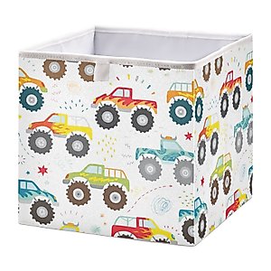 Emelivor Kids Doodle Monster Truck Cube Storage Bin Foldable Storage Cubes Waterproof Toy Basket for Cube Organizer Bins for Kids Girls Boys Toys Book Office Home Shelf Closet - 11.02x11.02x11.02 IN