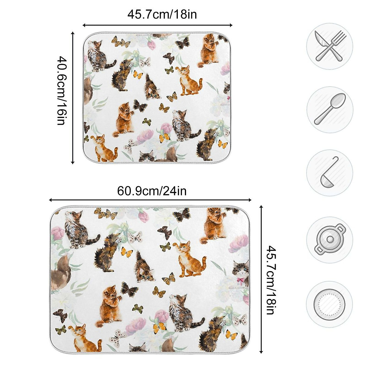 JUMBEAR Cat Butterflies Dish Drying Mat Absorbent Reversible Dish Drainer Pad Tableware Mat for Kitchen Countertop Home Decoration, 16 x 18 Inch
