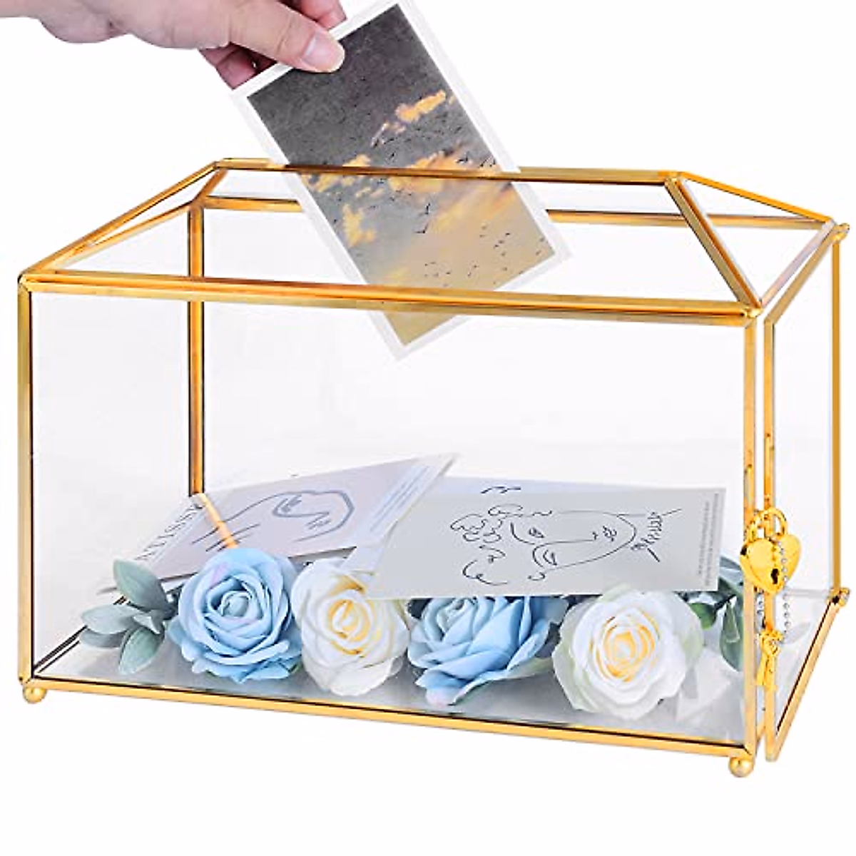 Ripprovt Glass Wedding Card Box with Lock, 12.6x5.9x9 inches Large Gold Card Boxes for Wedding Reception, Keepsake Display, Graduation, Party Centerpiece Decorative Box