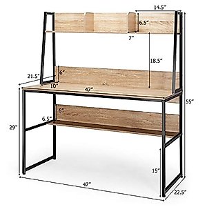 Tangkula Computer Desk with Hutch & Bookshelf, 47 Inches Space Saving Writing Study Table Home Office Desk, PC Laptop Table Workstation with w/ 3 Open Storage Space & Bottom Bookshelf (Natural)