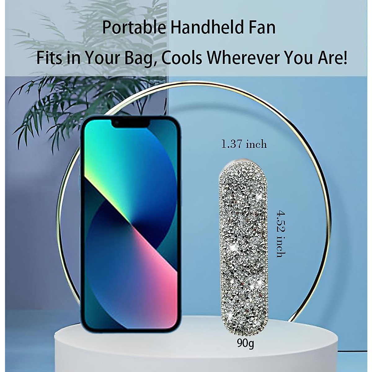 Mini Portable Bride Fan with Rhinestone Decor Bling Foldable Battery Operated Little Handheld Fan for Desk, Camping, Travel, & Outdoor Events for Bride（White)