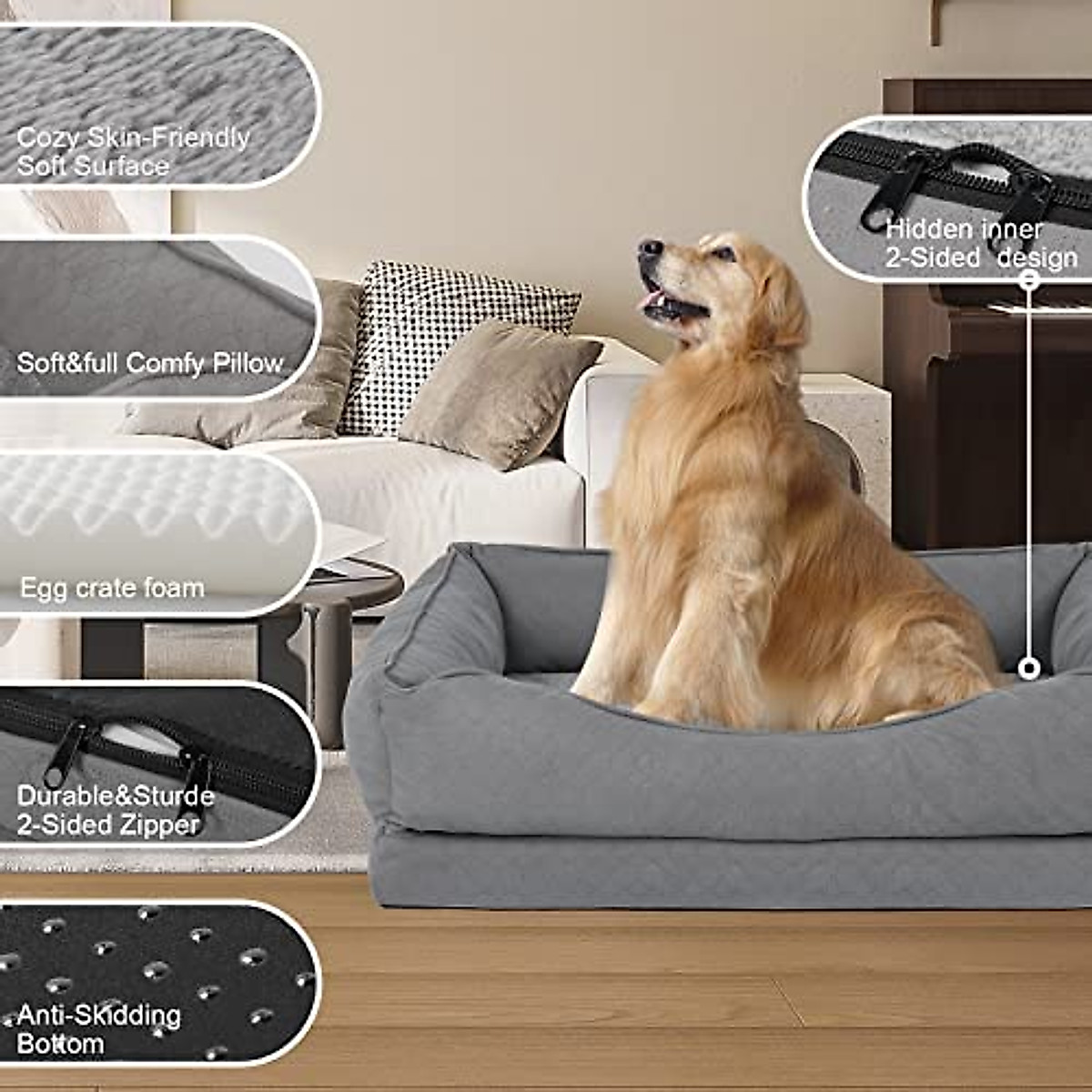 Dog Bed, Orthopedic Bolster Dog beds for Large Dogs, Egg Crate Foam Sofa with Removable Washable Bed Cover, Nonskid Bottom Couch, Pet Beds for Large&Extra Large Dogs