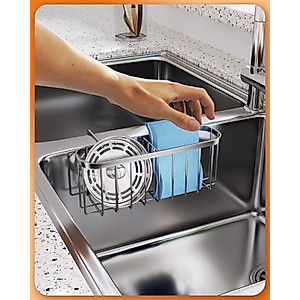 SWTYMIKI Sponge Holder for Kitchen Sink with Partition, Movable Kitchen Sink Caddy with Compact Size Rustproof and Waterproof Hanging Sink Sponge Caddy for Double Bowl Sinks, Silver