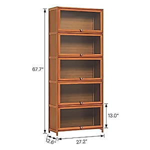 MoNiBloom 5 Tier Book Cabinet with Acrylic Doors, Bamboo Display Shelf Organizer Stand for Children's Student, Living Room, Home, Office, Brown