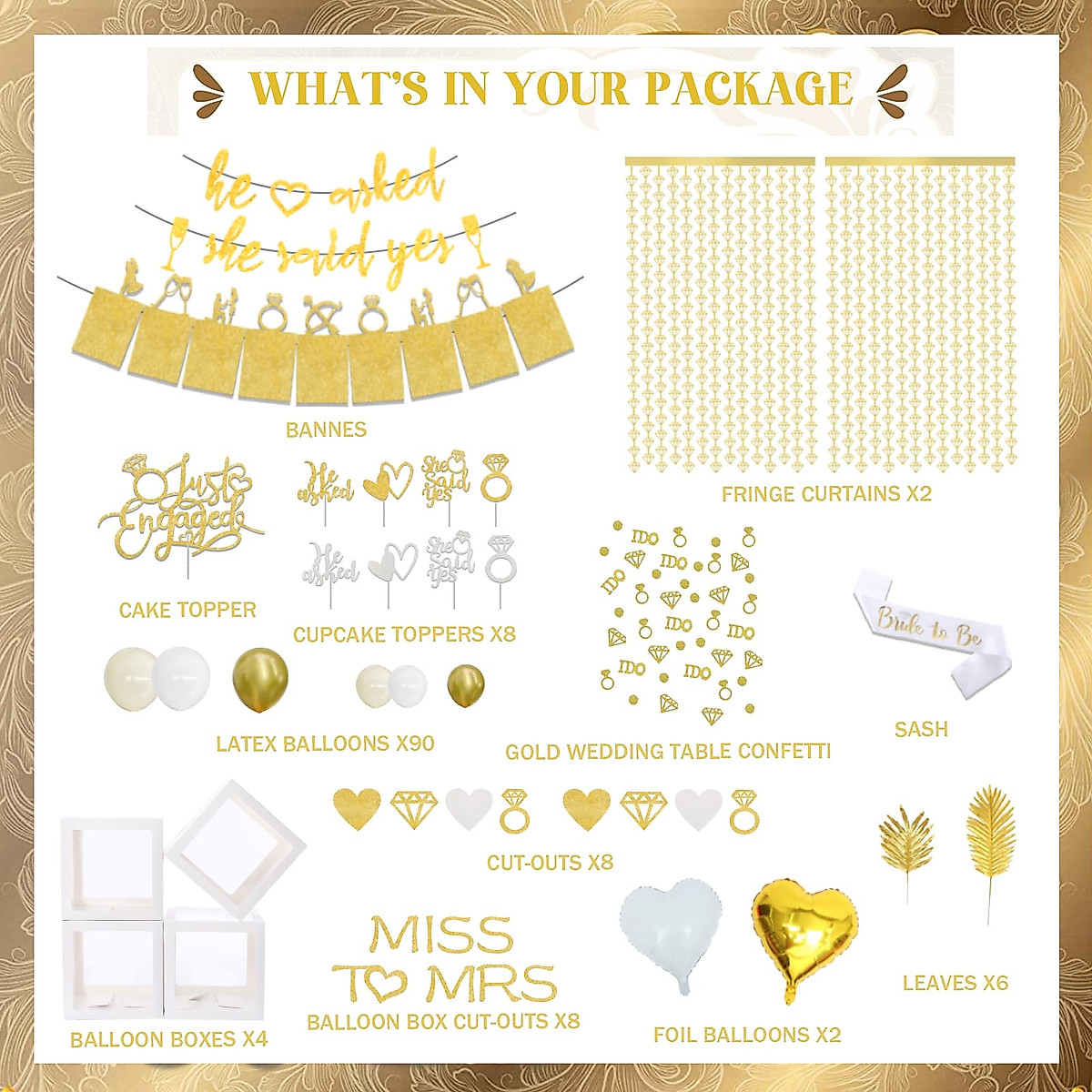 Hombae Engagement Party Decorations, Gold and White Bridal Shower Dimond Fringe Curtain Balloon Garland Leaves He Asked She Said Yes Banner Cake Cupcake Topper Box Cutout I Do Confetti Sash