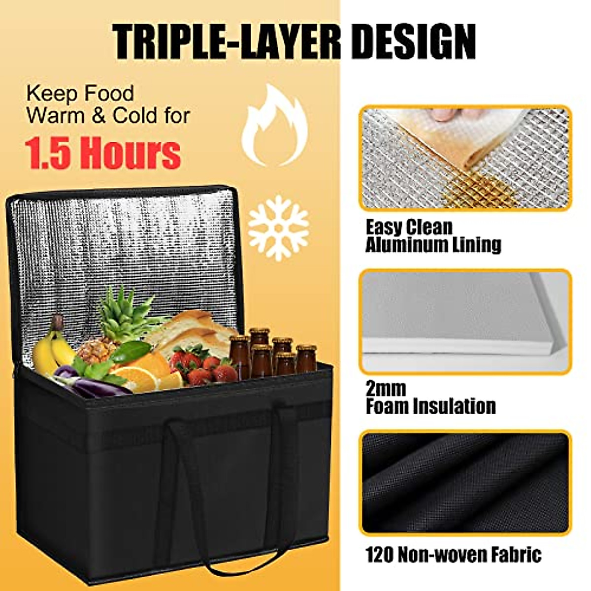 2 Pack X-Large Insulated Bag 30L Cooler Bags Insulated for Travel Pizza Bag Food Delivery Bag Insulated Reusable Grocery Bags Warm & Cooler Bags for Food & Grocery Hold for 1.5H（15.7W x 13H x 9.1D）
