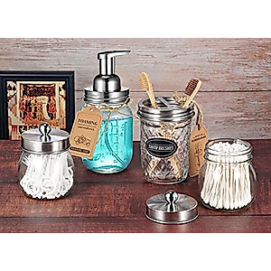 Amolliar 4pcs & 4pcs Brushed Nickel Mason Jar Bathroom Accessories Set - 2 Foaming Soap Dispenser&2 Qtip Holders&2 Cotton Swab Holder&2 Toothbrush Holder-Rustic Farmhouse Decor