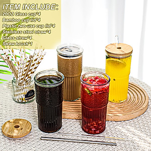 Moretoes Glass Cups with Lids and Straws, 20 oz Glass Tumbler with Lid and Straw Iced Coffee Cup, Glass Cups for Juice Water Smoothie, Glass Drinking Set of 4