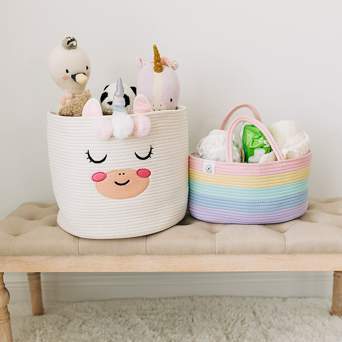 OrganiHaus Pastel Rainbow Basket, Rope Diaper Caddy Basket, Baby Diaper Caddy Organizer, Nursery Basket & Baby Baskets for Newborn Baby Diaper Organizer for Rainbow Decor, Diaper Storage Organizer