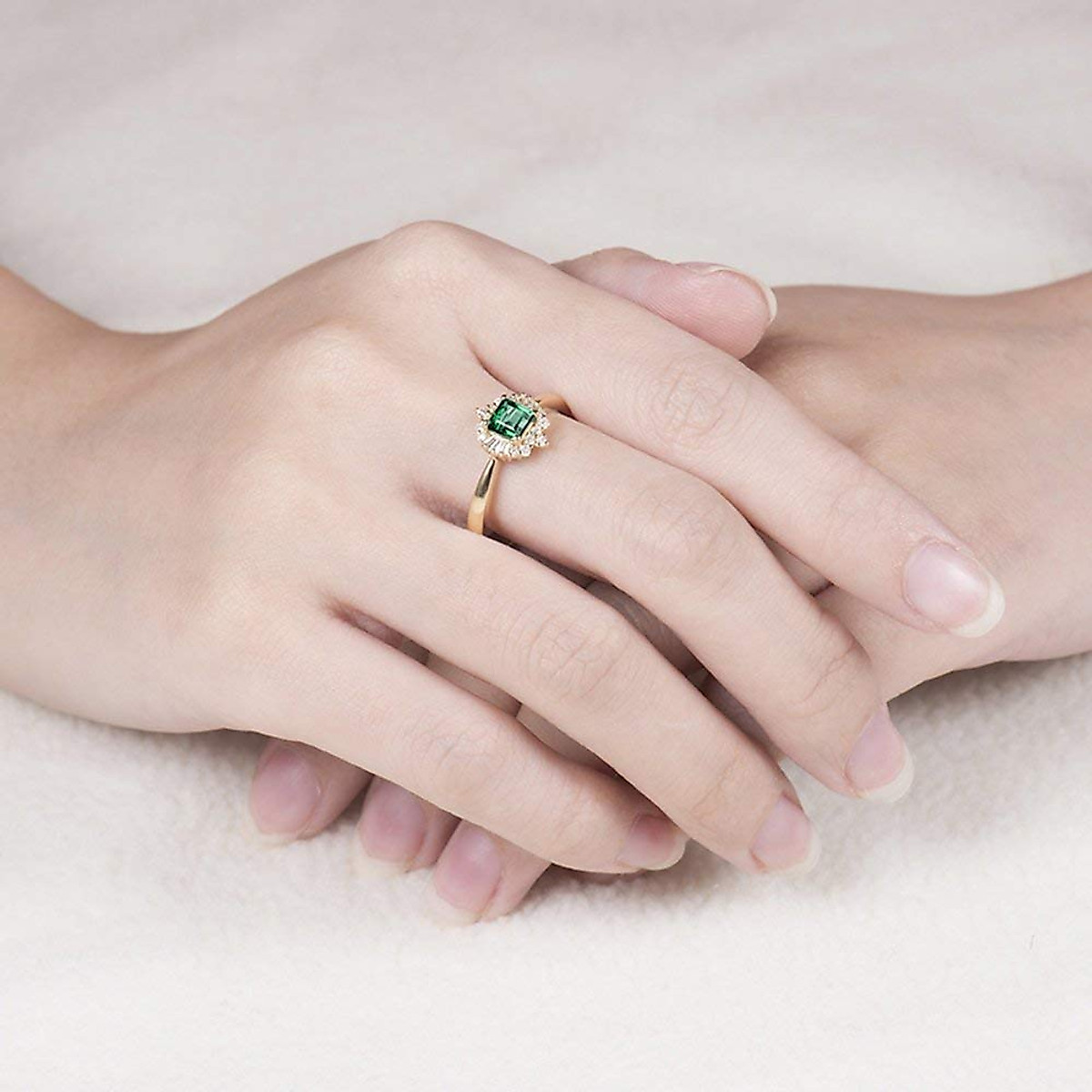 Lanmi 14K Yellow Gold Natural Emerald Diamonds Ring for Women Promise Engagement Wedding Anniversary Promotion