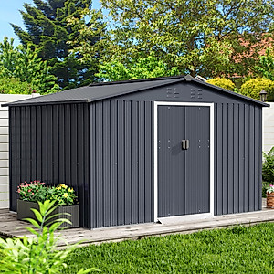 GarveeLife 10x10 Ft Outdoor Storage Shed, Steel Utility Tool Shed with Sloped Roof & Lockable Door, Backyard Garden Patio Lawn Outdoor Shed for Organising Tools and Equipment in Yard, Garden, Grey