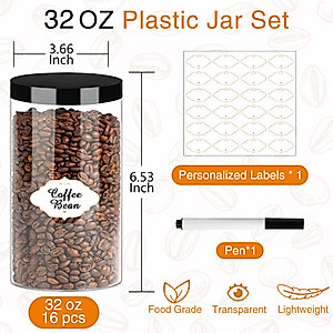 PeacePeo Plastic Jars with Lids, 16Pcs 32OZ Large Plastic Storage Jars with Black Leakproof Lids Cylinder Plastic Jars Container Reusable Clear Empty Jars for Home and Kitchen Organizing