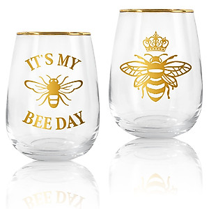 Whaline 17oz Queen Bee Stemless Wine Glasses with Gold Rimmed 2Pcs Bee Day Drinking Glasses Summer Tumbler Cups Bee Party Cups for Bee Party Supplies Kitchen Decorations Gifts