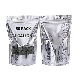 50 Pcs Mylar Bags for Food Storage with Clear Window 1 Gallon 10x14 Inches for Long Term Food Storage