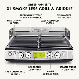 GreenPan Elite XL Smoke-less Grill and Griddle, Healthy Ceramic Nonstick Interchangeable/Removeable Cast Aluminum Plates, Indoor BBQ Sear Sizzle, LCD Display, Splash Guard, Drip Tray, PFAS-Free, Black