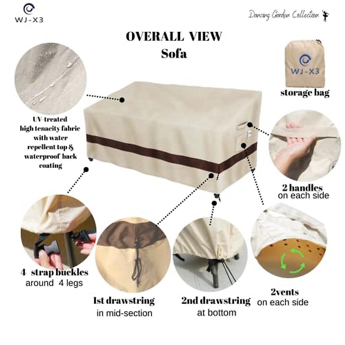 WJ-X3 3-Seater Outdoor Sofa Cover, Heavy Duty Patio Sofa Cover, Outdoor Couch Cover Waterproof, High Wind Resistant Design for Patio Couch Cover, 87W x 37D x 35H, Beige & Coffee
