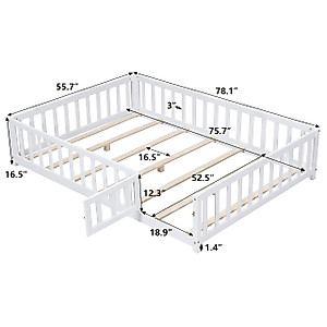 Bellemave Floor Bed Full Size Montessori Bed Frame with Fence and Door, Wooden Full Platform Bed for Kids, Boys Girls, Solid Wood Full Bed, No Box Spring Needed (White)