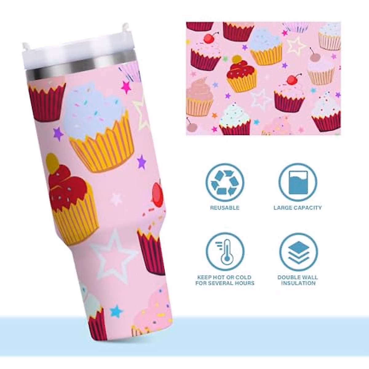 ODAWA Large with Lid and Straw, Cute Cupcake Pink Spill Proof Tumbler with Straw Stainless Steel Insulated Tumblers