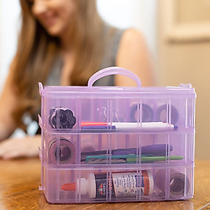 Everything Mary Stackable Storage Container, Purple - Portable Organizers with 30 Compartments - Three Tier Plastic Box with Handle