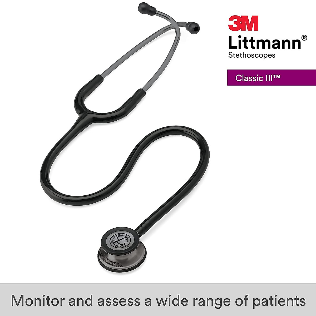 3M 5811 Littmann Classic III Smoke-Finish Monitoring Stethoscope with Black Identification Tag, 27" Black Tube