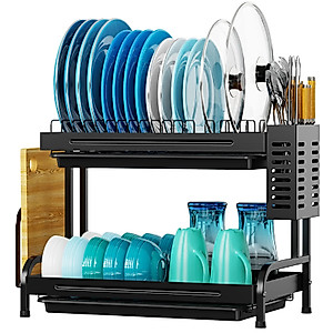 GSlife Dish Drying Rack, Metal 2 Tier Dish Rack Rust-Resistant Dish Drainer with Utensil Holder, Cutting Board Holder Set for Kitchen Counter, Black