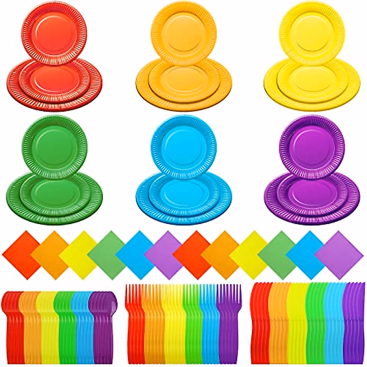 Karenhi 144 Pieces Rainbow Party Supplies Includes 7 Inch 9 Inch Paper Dinner Plates Colorful Cocktail Napkin Plastic Spoons Forks Knives Serve for 24 Guests Birthday Baby Shower Party Supplies
