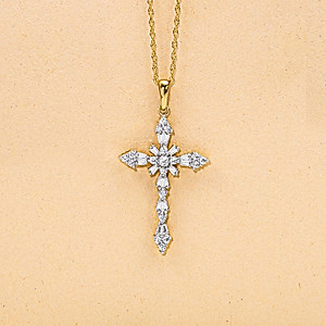 Jewelili Cross Pendant Necklace in 10K Yellow Gold with 1/2 Cttw Natural White round and baguette Diamonds 18" Rope Chain
