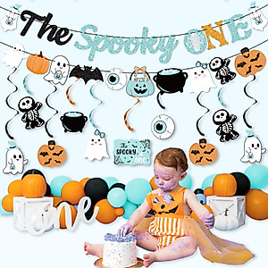 K KUMEED Blue Halloween Birthday Party Banner,The Spooky One Banner and Hanging Swirl Decorations Kit,Cute Ghost Pumpkin Bat Swirl Streamers for First Birthday Party Decorations Boys Girls