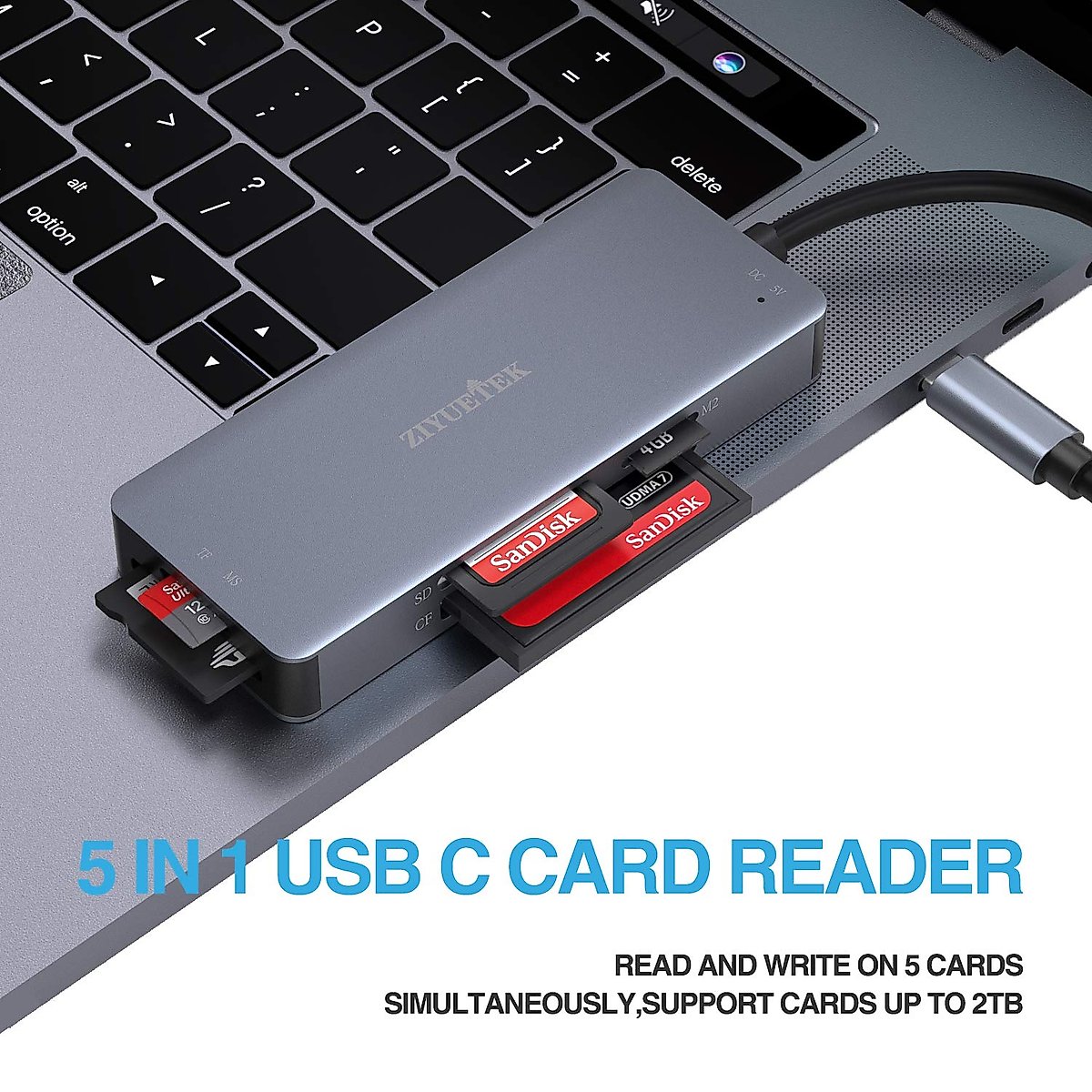 ZIYUETEK USB C SD Card Reader,5- in-1 Aluminum Thunderbolt 3 Memory Card Reader for CF, SD/SDHC,TF/Micro SD/MS/M2,CompactFlash Card for iPhone 15/16/Pro Max Android Windows MacBook