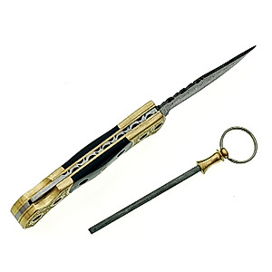 Damascus Steel Blade Folding Pocket Hunting Lock Knife With Real Leather Sheath For Camping Fishing Outdoor. SM106