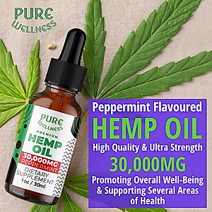 Organic Hemp Seed Oil (4 Oz), Peppermint Flavor, High Potency 30,000 mg - Natural Pain Relief, Helps Sleep, Relaxation & Mood, Transparent Hemp Oil Dosage, Non-Habit Forming - Non-GMO, Vegan