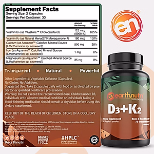 EarthNutri Vitamin D3 K2 Supplement 5000 IU – Includes K2 from MENA Q7, D3 from Vitashine, Calcium from Aquamin & 72 Trace Minerals – for Immune, Bone & Heart Health – Non-GMO – 60 Veg Capsules