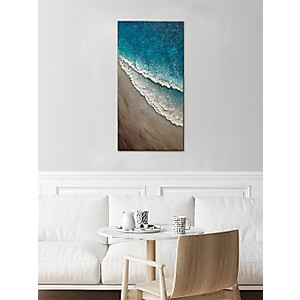 Blue Ocean Sea Wall Art Seaside Hand Painted Oil Painting on Canvas Large Beach Pictures Modern White Wave Artwork for Bedroom Home Office Decor