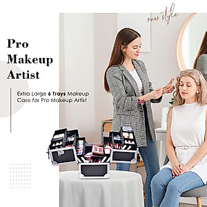 FRENESSA Makeup Train Case Large Cosmetic Box 6 Tier Trays with Compartments Professional Makeup Box Jewelry Storage Organizer Case Adjustable Bottom with Shoulder Strap - Black