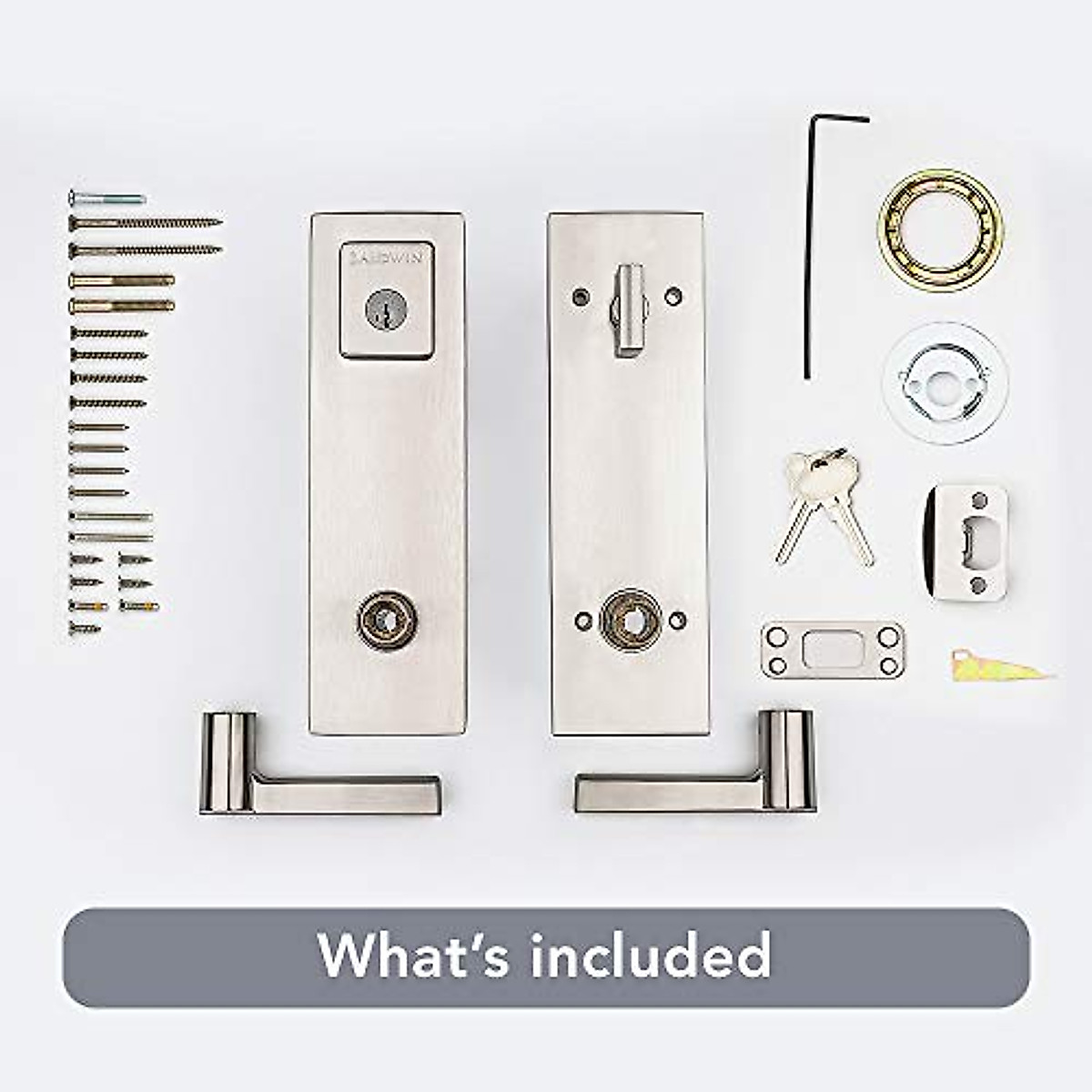Baldwin Spyglass Single Cylinder Front Door Handleset Featuring SmartKey Security in Satin Nickel, Prestige Series with a Modern Contemporary Slim Door Handleset and Square Lever